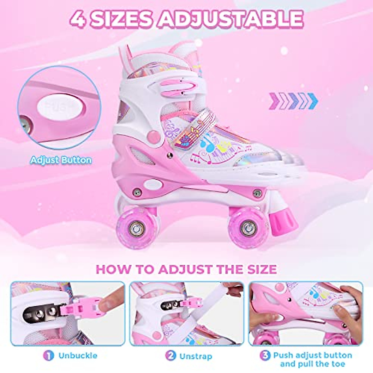 Hikole Girls Roller Skates with 4 Adjustable Size，All 8 Light Up Wheels Kids Roller Skates for Outdoor & Indoor