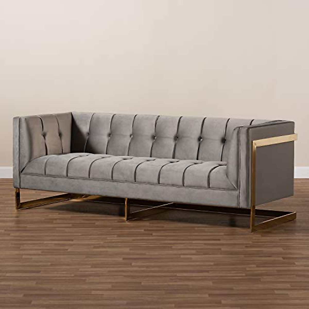 Baxton Studio Ambra Glam and Luxe Grey Velvet Fabric Upholstered and Button Tufted Sofa with Gold-Tone Frame