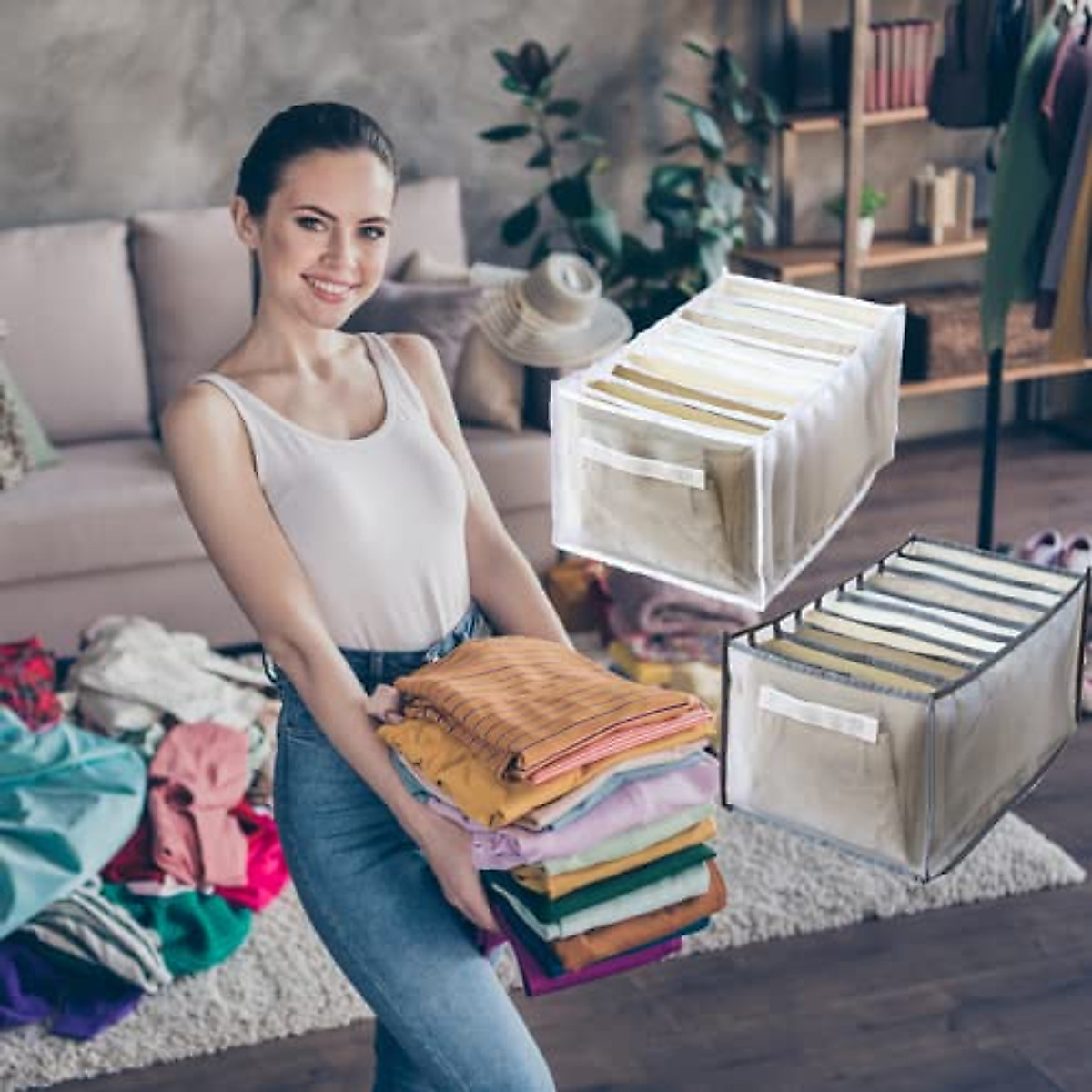 Wardrobe Clothes Organizer for Jeans Upgrade Style Thicker and Bigger,Sweater Organizer for Closet 7-9 Grids with Handle,Clothes Organizer for Folded Clothes (Grey)