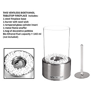 Bio Ethanol Tabletop Fire Pit - Indoor or Outdoor Smokeless Portable Fireplace - Clean Burning Ventless Cylinder with Real Flame by Northwest (Silver)