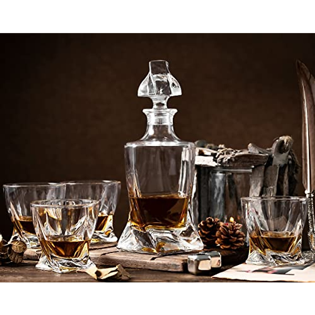 Whiskey Gifts for Men, Whiskey Decanter Set with 4 Glasses in Gift Box by Verolux | Elegant Twisted Design with Glass Stopper - Liquor, Bourbon, Brandy, Gin, Rum, Tequila, Vodka, Cognac