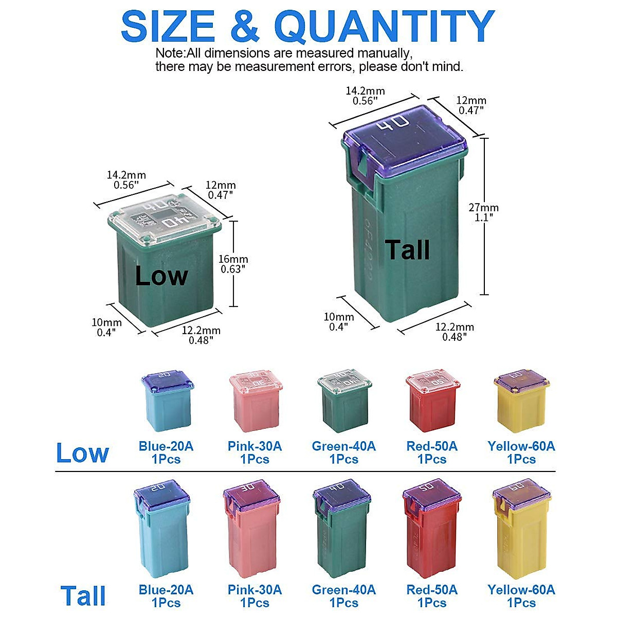 30 pc Automotive Combination Low and Tall/STD Profile Box Shaped Assortment Fuse Kit for Ford, Chevy/GM, Nissan, and Toyota Pickup Trucks, Cars and SUVs