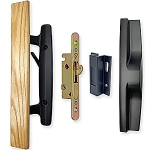 ALLYWASAI Sliding Patio Door Handle Set with Mortise Lock, Face Plate and Keeper, Wood Handle Lock Set Fits Door Thickness from 1-1/2" to 1-3/4", 3-15/16" Screw Hole Spacing, Non-keyed, Black