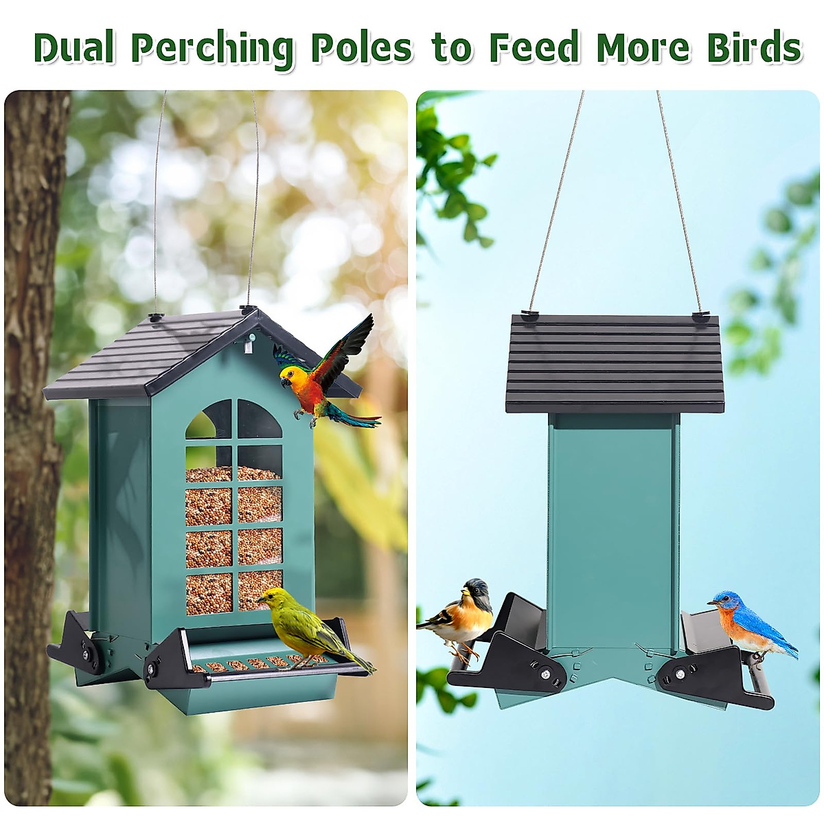 Squirrel Proof Bird Feeder for Outdoors Hanging, Metal Hanging Bird Feeder with Bilateral Weight-Activated Perches, 8LBS Large Capacity Wild Bird Feeder, Squirrel Chewing Proof