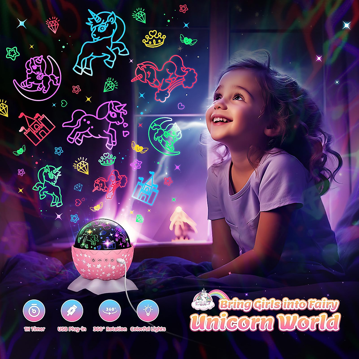 STRAWBETTER Unicorn Night Light Kids Toys 3 in 1 Unicorns & Starry Sky & Sea World Nights Lights Projector for 3 4 5 6 7 8 9 10 11 12 Year Old Girls Birthday Basket Stuffers Gifts for Kids 3-12