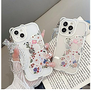 CHEAP SUNDAY for iPhone 13 Floral Bear Clearcase with Flower Design Aesthetic Phone Case for iPhone 13 Womens Girly Glitter Cute Shockproof Protective Cover with Phone Holder (Bear Design)