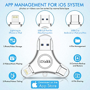 App-le Certified iDiskk 128GB Phone flashdrive iPhone 15 16 Photo Stick USB C iPad Pro Android Samsung for iPhone 15/14/14 PRO/13/13 PRO/12 pro/12 Mini/XR/X, iPhone USB Storage for PC,MacBook