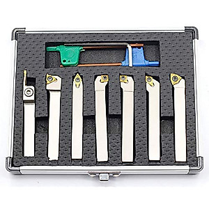 OSCARBIDE 3/8"Shank 7 Pieces/Set Nickel Plated Indexable Lathe Turning Tool Holder,CNC Heavy-Duty Metal Lathe Cutting Tools for Turning Grooving Threading with Tin Coated Carbide Inserts