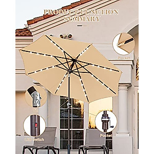 Zersun 9FT Patio Umbrella, Solar Powered LED Umbrellas with 32 LED Lights 8 Ribs/Tilt Adjustment and Crank Lift System for Garden, Backyard and Pool - Tan