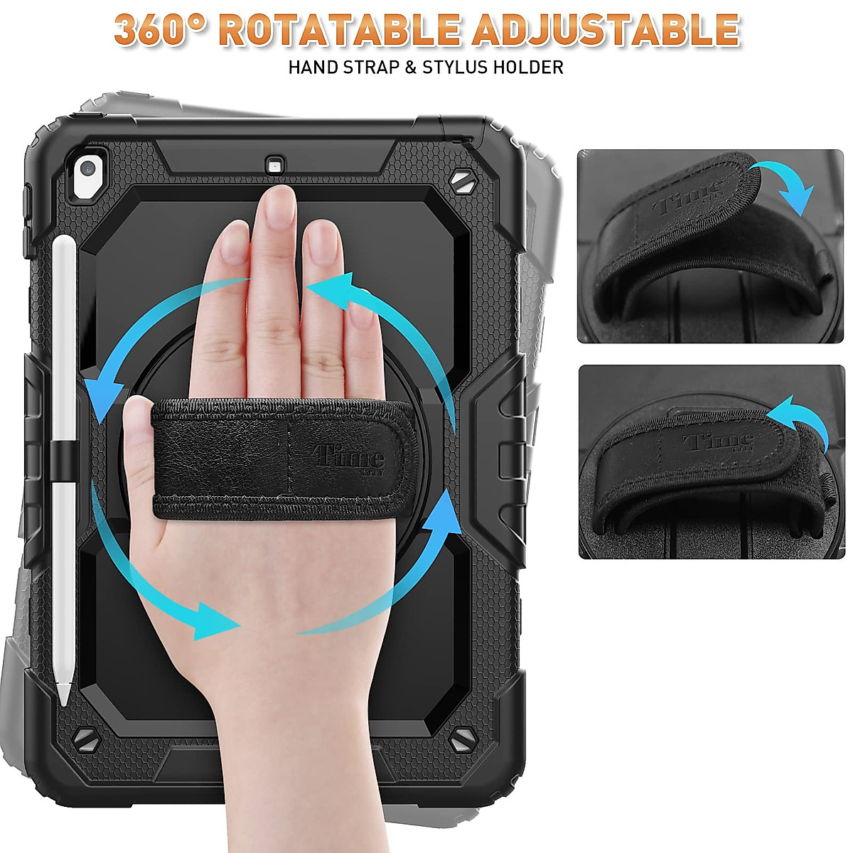 Timecity Case for iPad 9th/ 8th/ 7th Generation 10.2 inch - Heavy Duty Protective Cover with Screen Protector, Rotating Stand, Shoulder Strap & Pencil Holder | Kids-Friendly (Black)