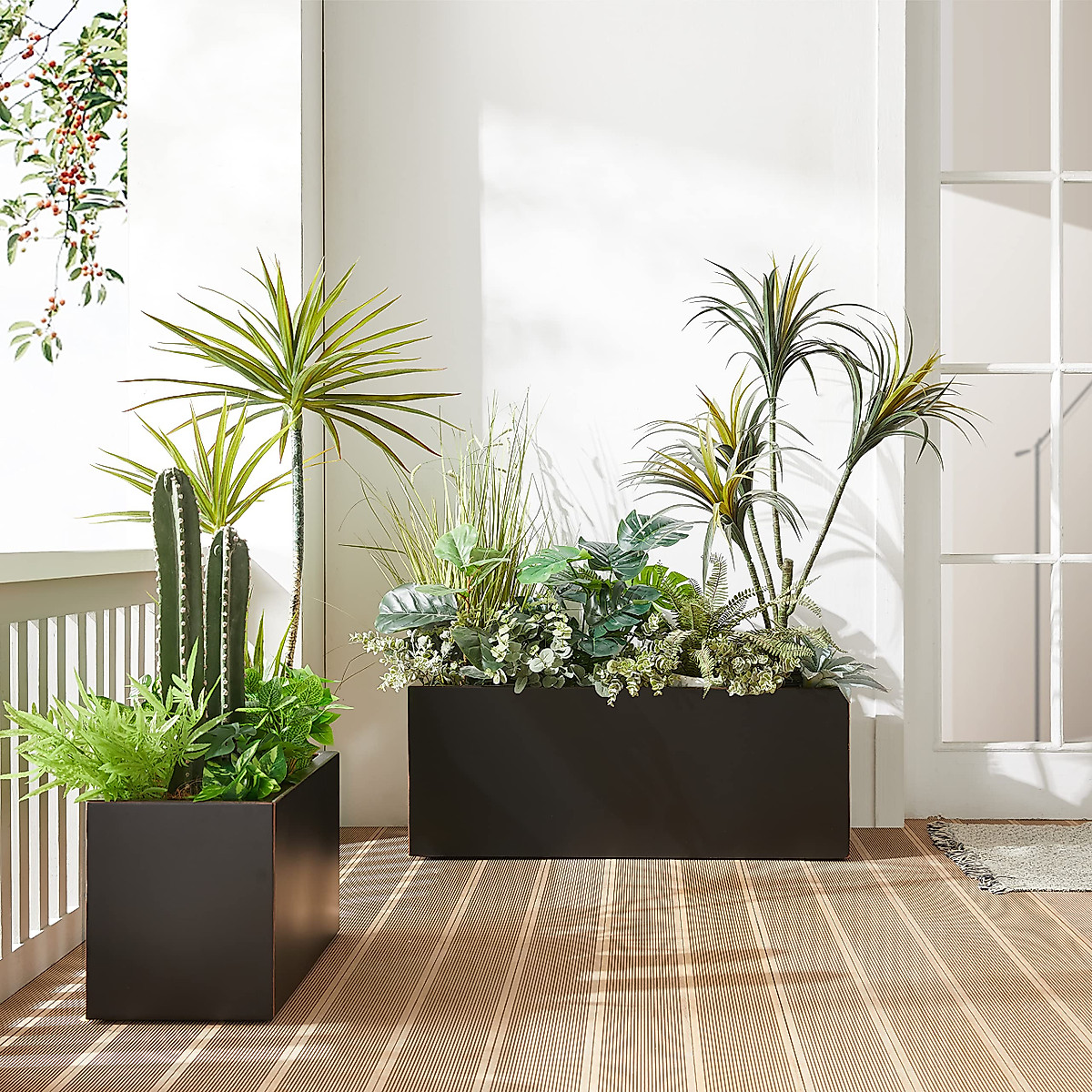 Wallowa Metallic Heavy Long and Large Outdoor/Indoor Planter, Rectangular Trough Planter Box, 38”Lx15”Wx15”H, 40Pounds, Black with Hand Brushed Gold Edge, No Assemble and Seamless