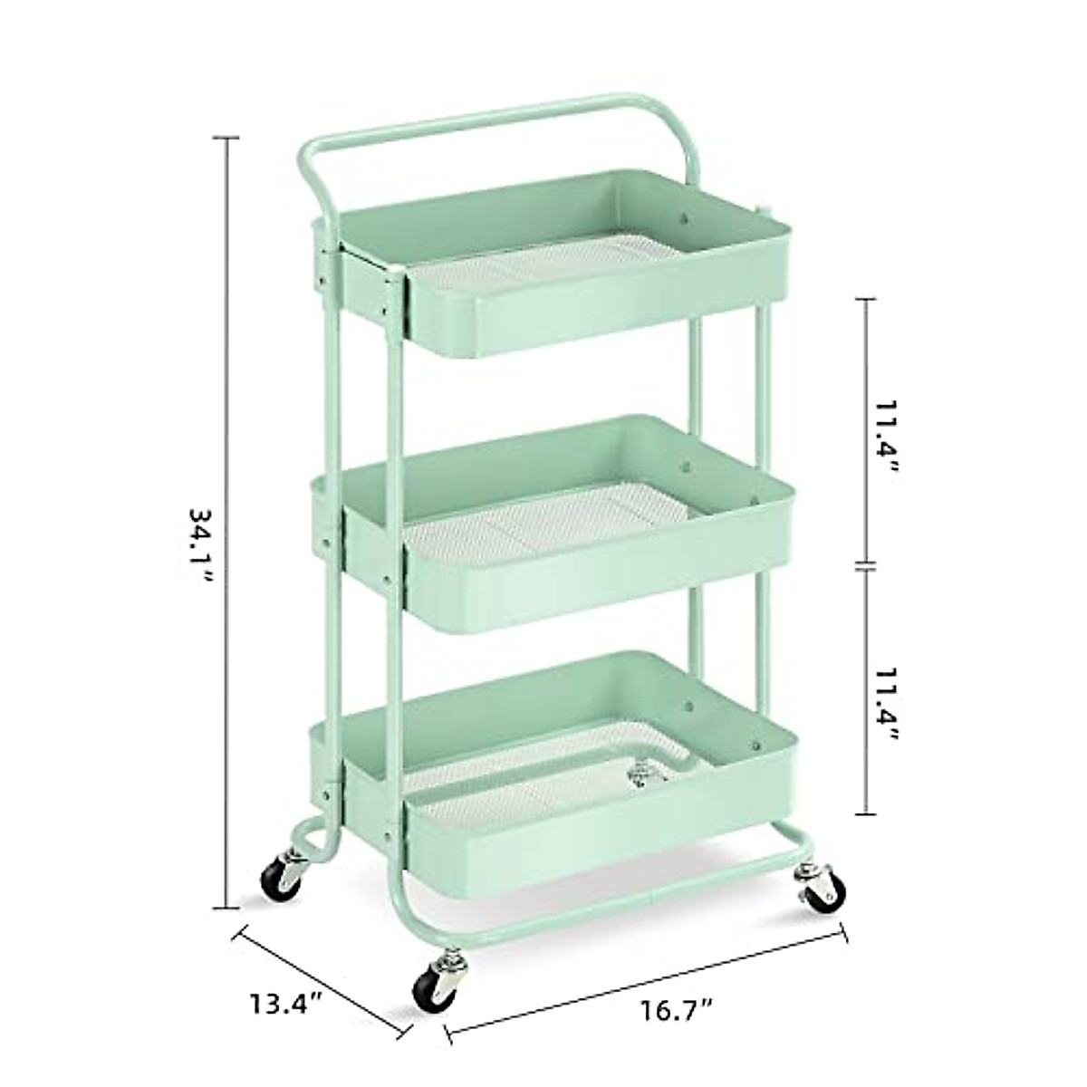 TOOLF 3 Tier Metal Rolling Cart, Utility Cart with Handle, Multifunction Storage Cart with Lockable Wheels, Serving Organizer Trolley with Mesh Basket for Kitchen, Bathroom, Office