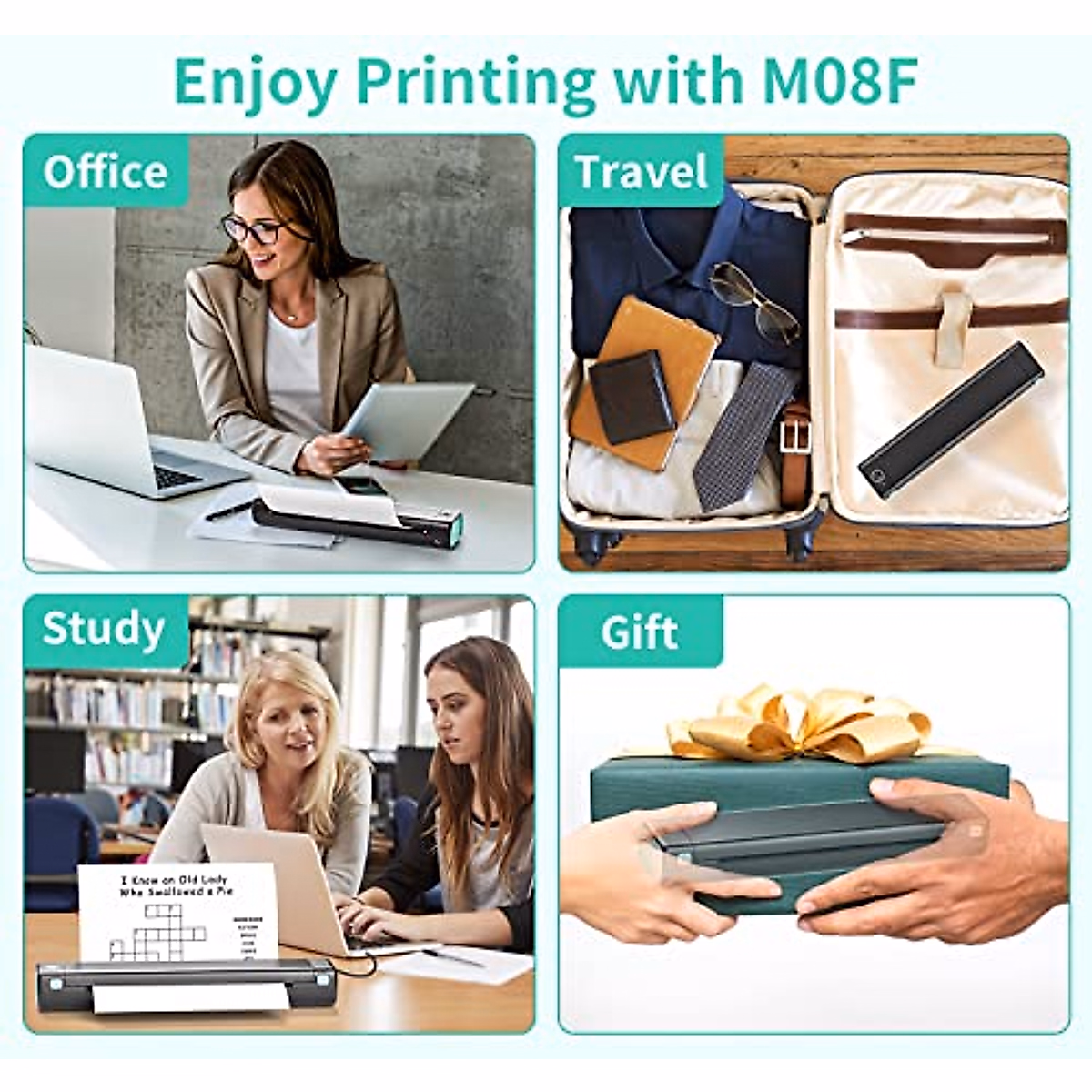 PhoPRT M08F Portable Printer,Thermal Portable Printers Wireless for Travel,Compact Bluetooth Mobile Printer Support 8.5" X 11" US Letter, Upgrade Inkless Small Printers Compatible with Phone,Laptop