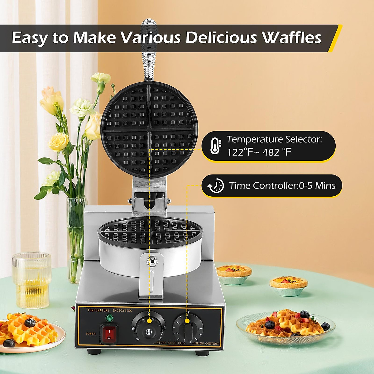 Dyna-Living Waffle Maker Commercial Waffle Maker Machine 110V 1200W Non-stick Waffle Iron Maker Stainless Steel Round Commercial Waffle Maker for Restaurant