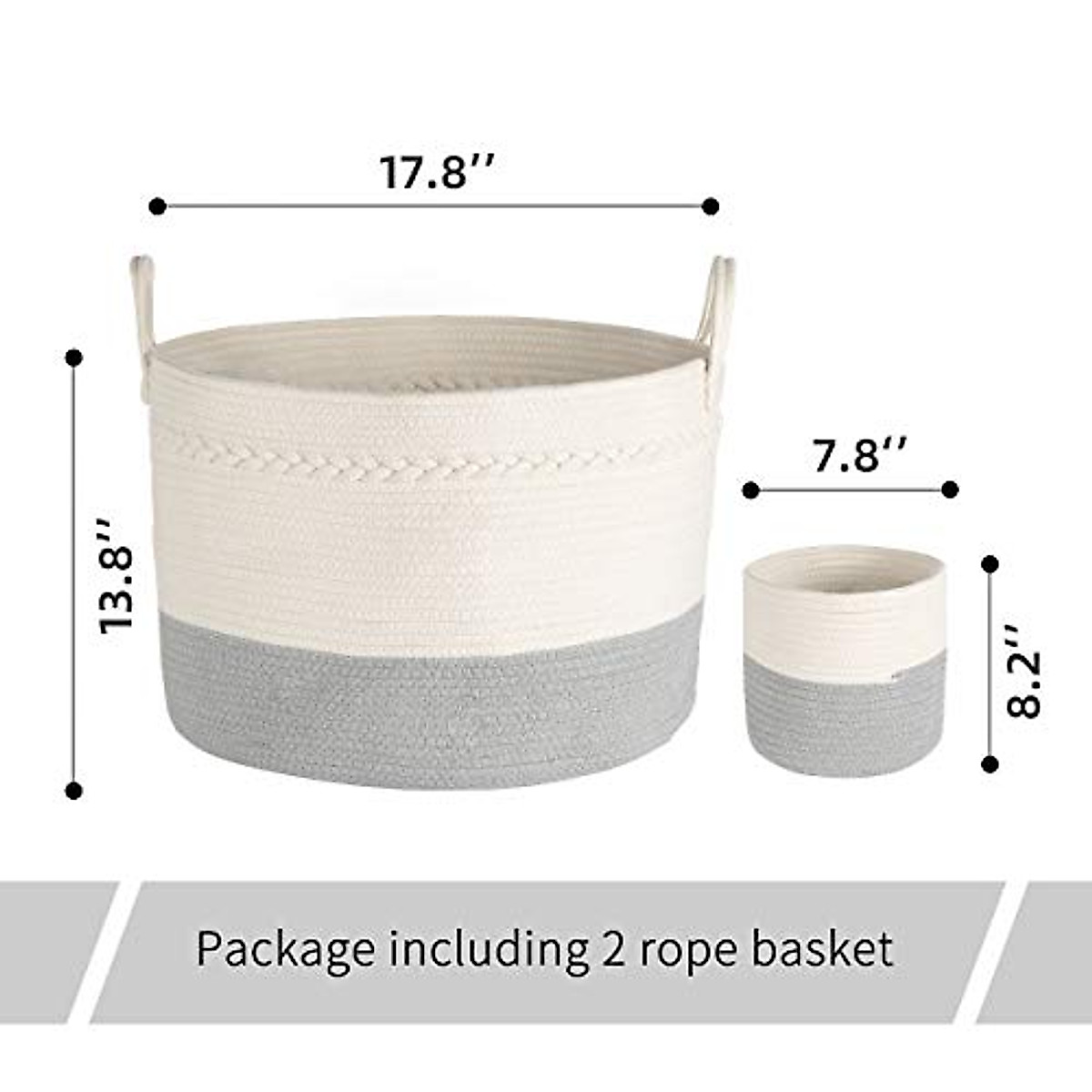 Clubasket 2 Pcs Cotton Rope Basket Large Woven Storage Basket Blanket Basket Living Room Laundry Basket Hamper Storage Bins Toy Basket for Home (Grey&White 20x13'')