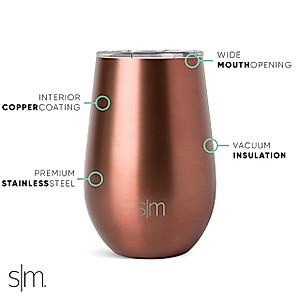 Simple Modern Wine Tumbler with Lid | Cute Stemless Glass Cup with Press-In Lid | Insulated Stainless Steel Coffee Mug | Gifts for Women Men Him Her | Spirit Collection | 12oz | Metallic Copper