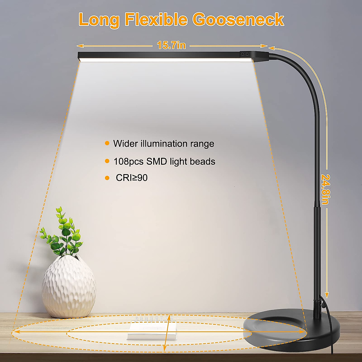 NAKOOS LED Desk Lamp with Clamp & Round Base, Eye Caring Table Lamp with Flexible Gooseneck, Touch Control 3 Color Modes, 10 Brightness Levels, Desk Light for Home Office 12W