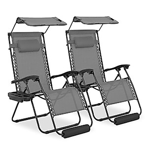 MoNiBloom Zero Gravity Chairs Set of 2, Patio Anti Gravity Recliner with Canopy Shade, Foldable Outdoor Lounger with Cup Holder Tray, Headrest and Footrest for Beach Camping, Grey