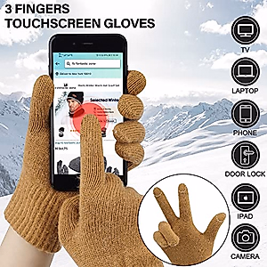 Mens Winter Warm Beanie Hats Long Scarf Neck Touchscreen Gloves Set Ribbed Knit Skull Caps Scarves Gloves for Women Man Brown