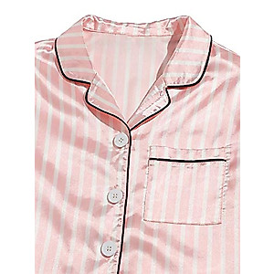 WDIRARA Women's Silk Satin Pajama Set 4 Pieces Sleepwear Loungewear Pj Sets Pink Striped L