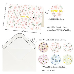 Crisky 50 Pack Floral Thank You Cards with Envelopes & Stickers for Birthday, Baby Shower,Bridal Shower, Wedding, Graduation, Business. 6 Assorted Full Version of Gold Stamping Wild Flower Design