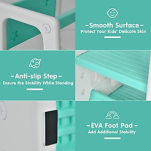 Costzon Kids Kitchen Step Stool with Double Safety Rails, Toddler Learning Stool with 3 Adjustable Heights and Non-Slip Foot Pads, Toddler Tower for Kitchen Countertop and Bathroom (Green)