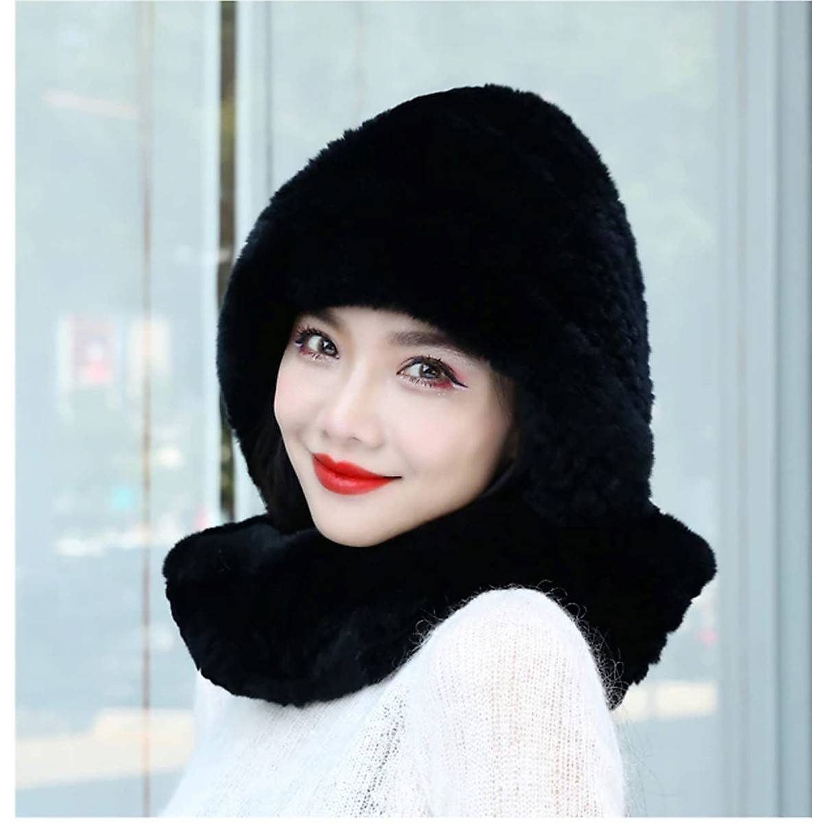 Knitted Rex Rabbit Infinity Scarf w Hood Fur Scarves Wrap Shawl Fur Cashmere Pashmina Silk Wool Cape Cashmere Cape (Ebony Black)