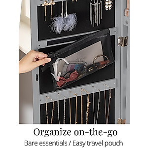 LUXFURNI LED Jewelry Organizer, Standing Jewelry Storage Cabinet with Full-Length Mirror, Lockable Jewelry Armoire with Drawers, Grey, 60.2''H*18.7''L*14.4''W (STELLA6GS)