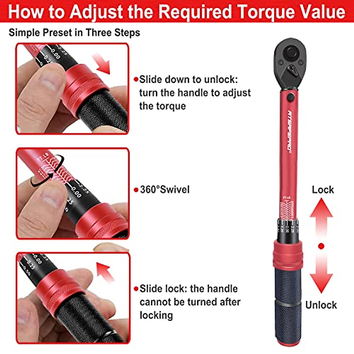 ATsafepro 3/8 Inch High Precision Torque Wrench, Red and Black, Chrome Vanadium Steel