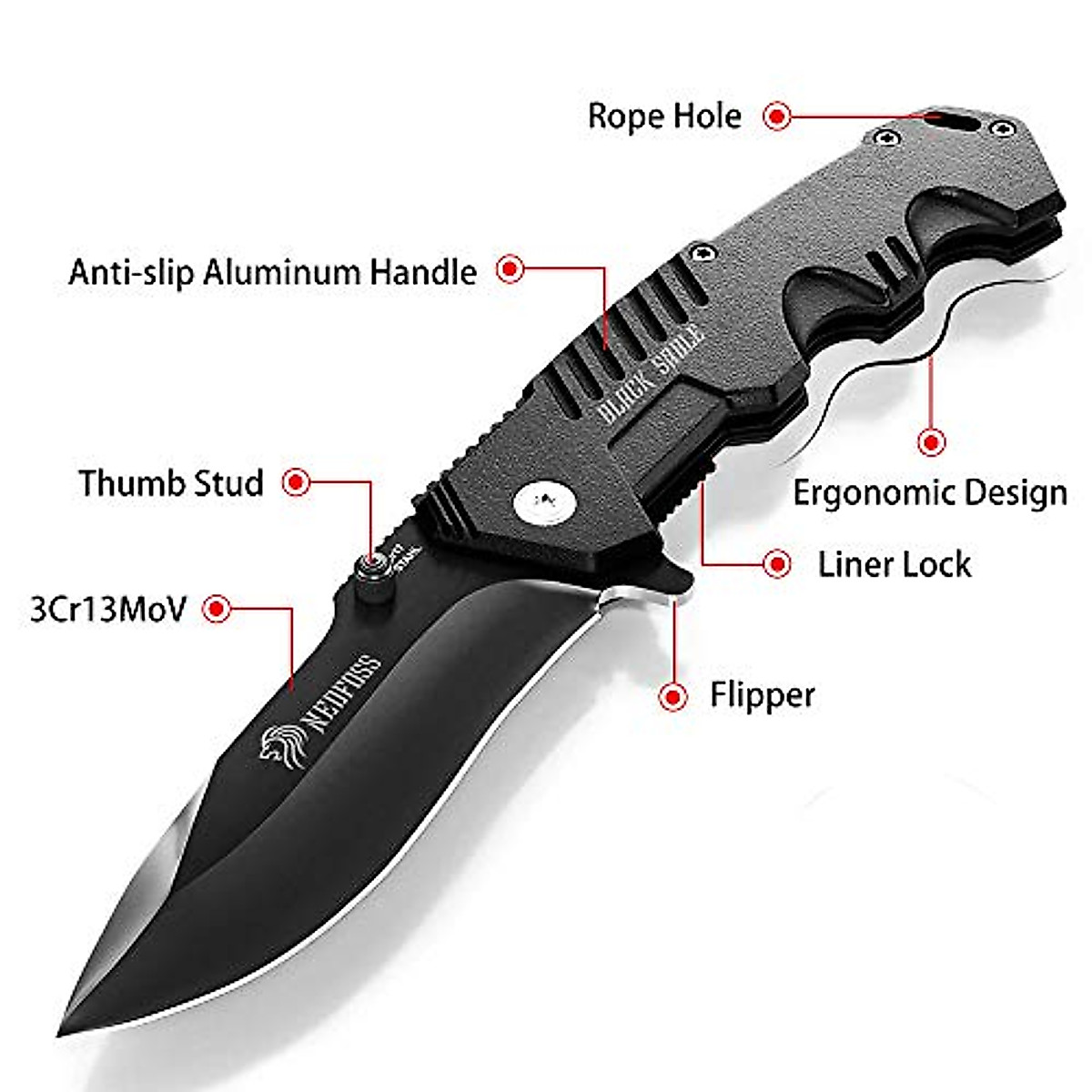 NedFoss Knifes Pocket Knives For Men, Black Coated Folding Pocket Knife, Fishing Hiking Survival Knife, with Safety Liner Lock and Belt Clip
