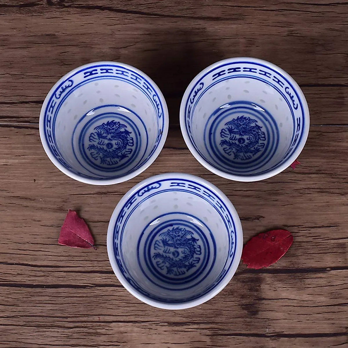 Woonsoon Chinese Handmade Kungfu Tea Cup 70 ml,Bone China Blue and White Tea Cups Set of 3,Ceramic Tea Mugs Without Handles,Best Gift
