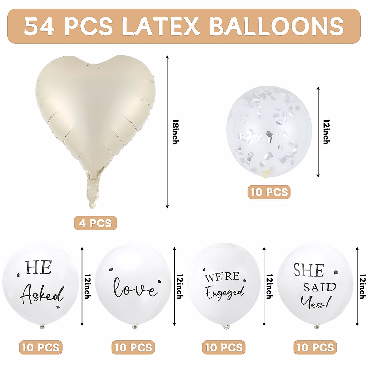 54Pcs Engagement Party Balloons Engagement Party Decorations He Asked，She Said Yes Balloon Cream Heart Shape Silver Confetti Latex Balloon for Bridal Shower Engagement Wedding Party Supplies