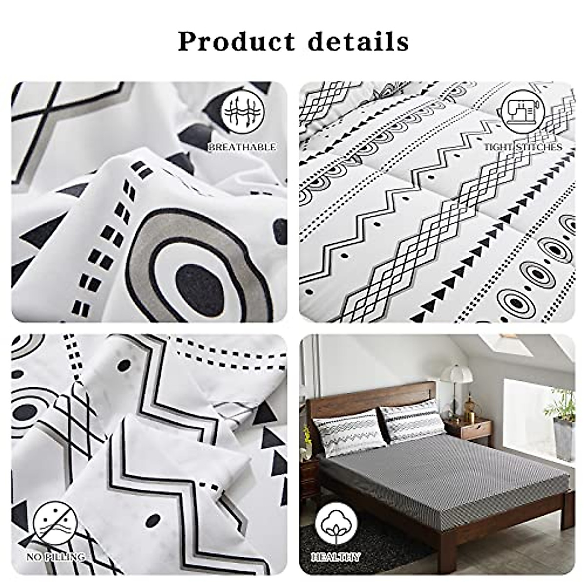 Flysheep Boho Bed in a Bag 7 Pieces Queen Size, Black and White Bohemian Geometric Reversible Bed Comforter Set for All Season(1 Comforter, 1 Flat Sheet, 1 Fitted Sheet, 2 Pillow Shams, 2 Pillowcases)
