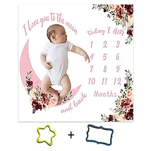 TERSUM Moon Flowers Baby Monthly Milestone Blanket, 48x48in I Love You to The Moon and Back Blanket Soft Flannel Newborn Gift,Gender Neutral Nursery Decor Baby Months Growth Chart Blanket BTZZTE34