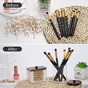 Tbestmax Qtips Holder Bathroom Container with Brown Wood Lids, 10/7 OZ Cotton Ball/Swabs Dispenser, Apothecary Organizer Jar for Storage 2 Pcs