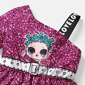L.O.L. Surprise! Girls Tiered Dress Figure Print Layered One Shoulder Casual Dress Flowy Summer Dress Size 6-12 Deep Magenta 7-8 Years