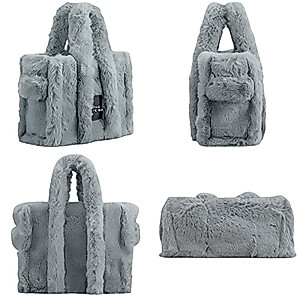 Faux Fur Furry Tote Purse Women Crossbody Shoulder Bag Soft Plush Handbag Clutch Top Handle Fuzzy Satchel (Dark Gray)