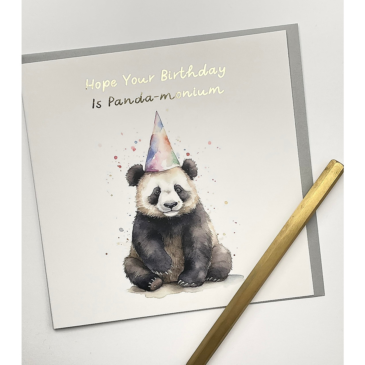 Old English Co. Panda Happy Birthday Card for Her - Fun Panda-monium Party Hat Birthday Card for Mum, Dad, Daughter, Son - Gold Foil Birthday Card for Women and Men | Blank Inside with Envelope
