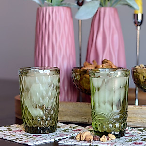 WHW Whole House Worlds Baroque Highball Tumbler Glasses, Set of 6, Translucent Green, Glass, Weighted, 12 Fluid ounces/ 300 ml, 5 Inches Tall, Faceted and Beaded Arabesque Patterns