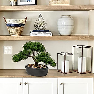 Fake Bonsai Tree Zen Juniper Bonsai Plant 9” Tall Artificial Bonsai Trees with Black Ceramic Pot Decorated with Pebbles Desk Plant Indoor Bonsai for Home Office Decor