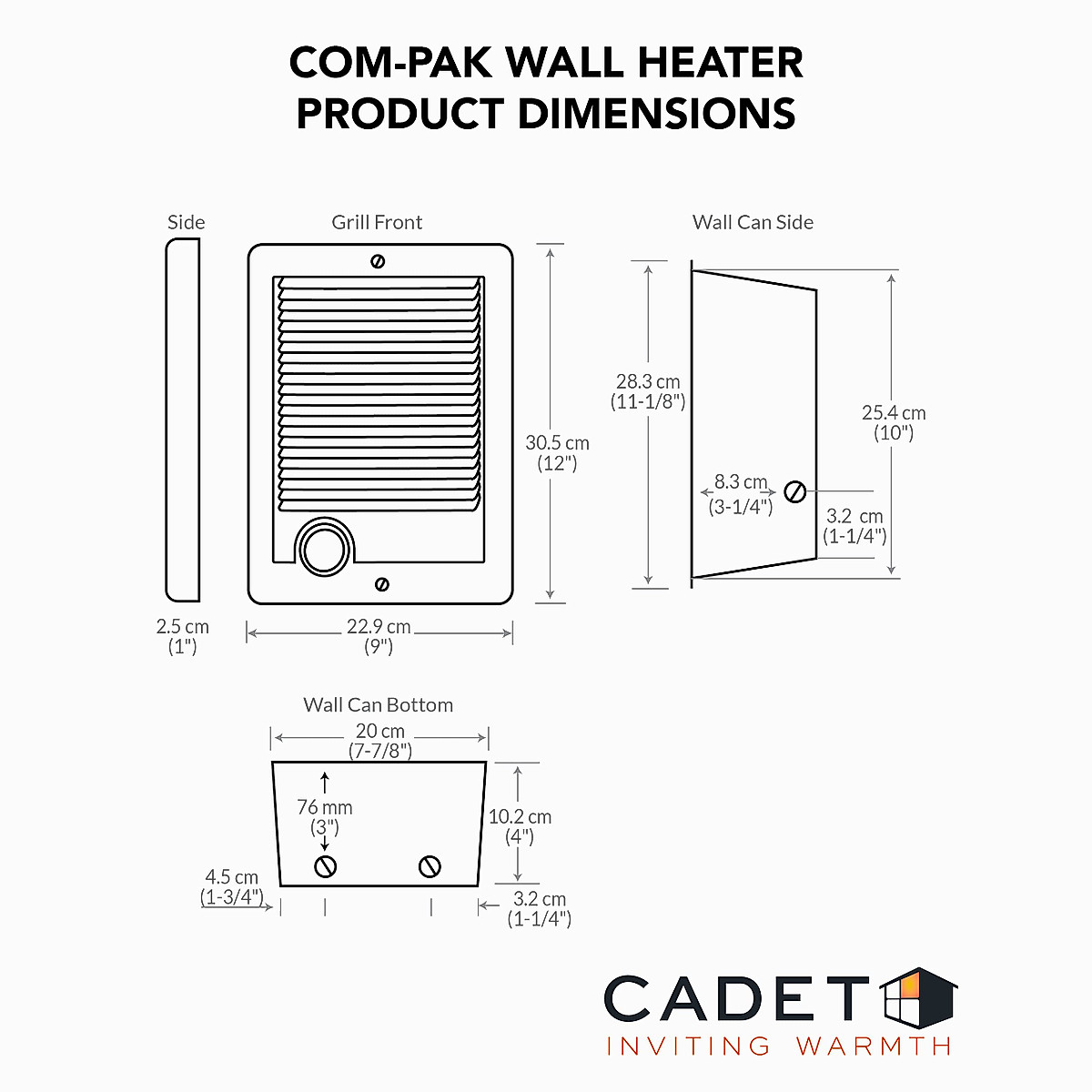 Cadet Com-Pak Electric Wall Heater Complete Unit with Thermostat (Model: CSC151TW, Part: 67509), 5120 BTU, 120 Volt, 1500 Watt, White