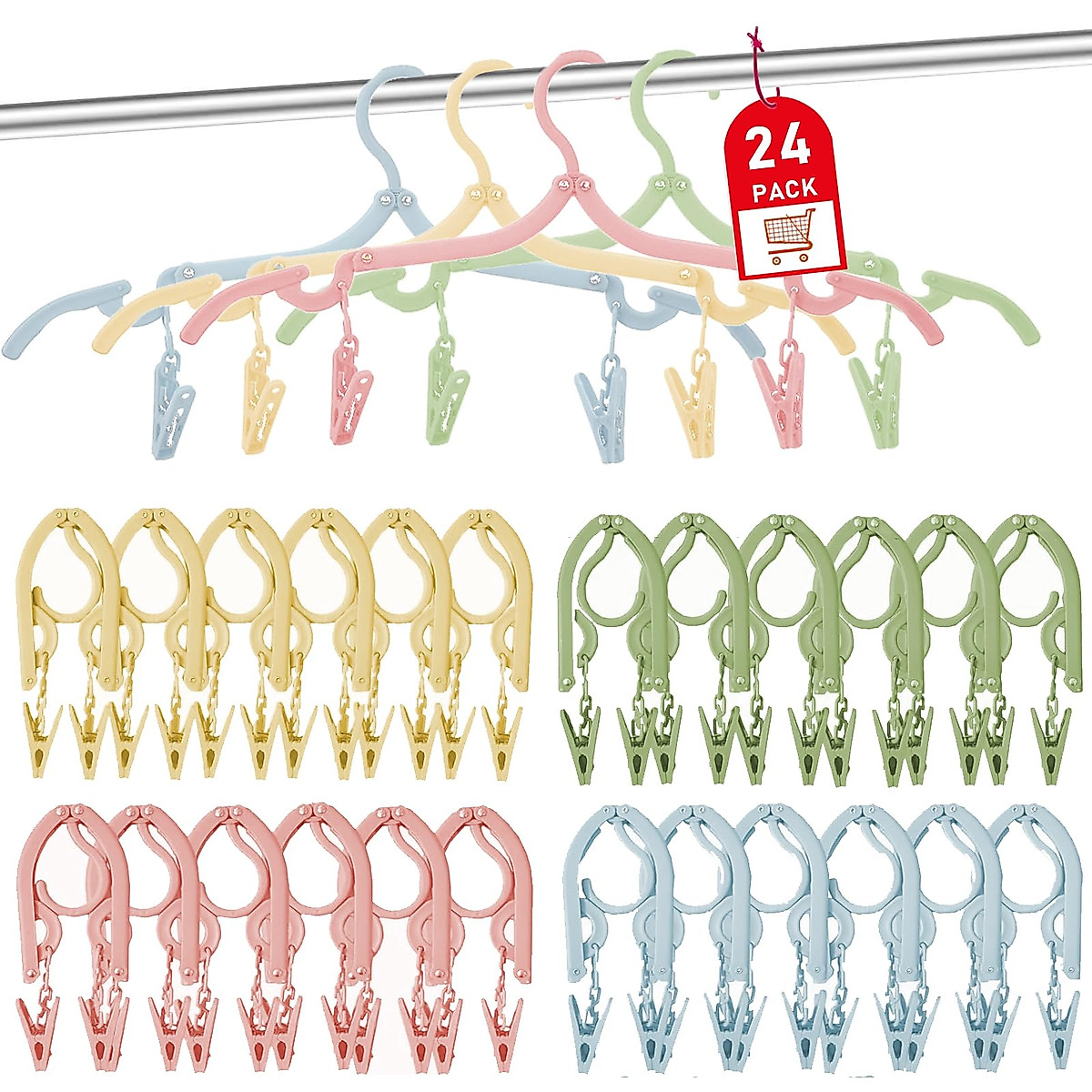 24 Pcs Travel Hangers with 48 Pcs Clips,Portable Folding Clothes Hangers Travel Clothes Hangers Travel Accessories Foldable Clothes Drying Rack for Travel Plastic Non Slip Clothing Hangers 4 Colors