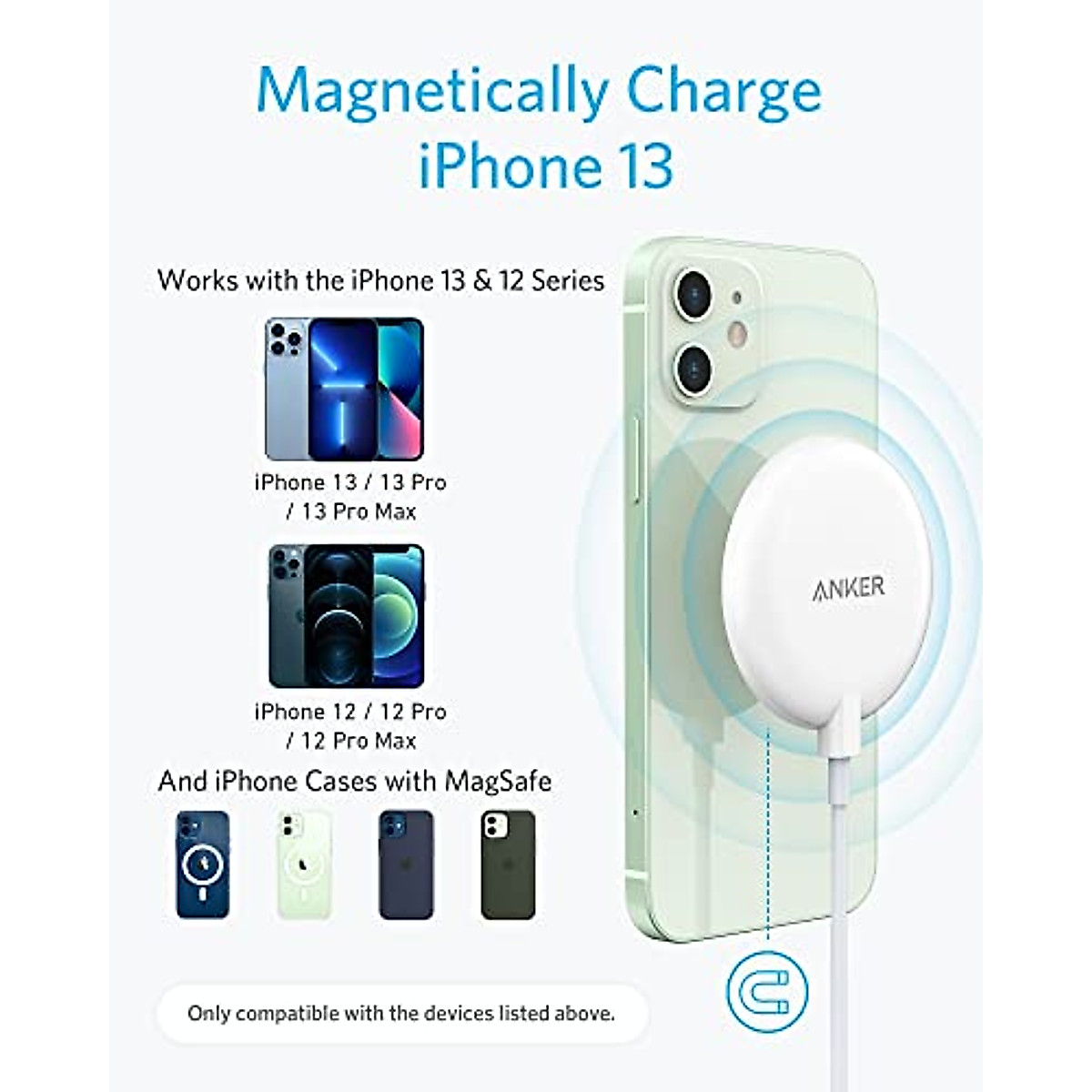 Anker 7.5W Magnetic Wireless Charger with USB-C Charger Bundle, 5 ft Built-in USB-C Cable, 313 , (Pad) Only for iPhone 14/14 Pro/14 Pro Max/13/13 Pro Max