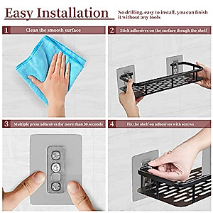 ZGDZ Self-Adhesive Black Shower Shelves with Removable Hooks Bathroom Stick on Shower Caddy Wall Mount Aluminum Shower Organizers Bathroom Trays Toiletries Holders 2-Pack