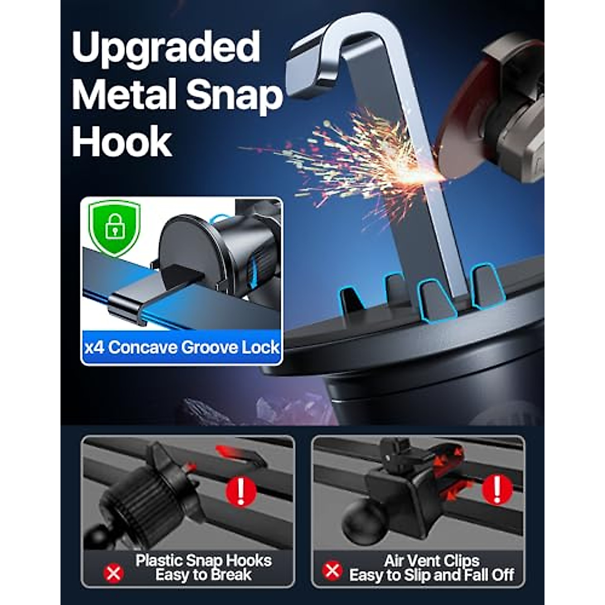 【Military-Grade】Car Phone Holder,【Strongest & Longest Steel-Hook】Car Vent Mount, Handsfree 360° Adjustable Automobile Cradle Air Clip Stand for iPhone 15 14 13 12 Pro Max Samsung Universal, Black