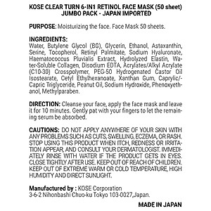 Kose Clear Turn 6-in1 Retinol Face Mask (50 sheet) Jumbo Pack - Japan Imported