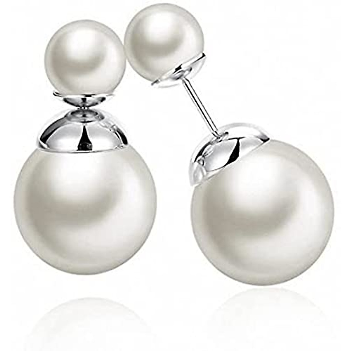Zittop Double Sided Front Back Peek A Boo Ball Faux Pearl Beads Womens Fashion Elegant Tribal Stud Earrings (Silver)