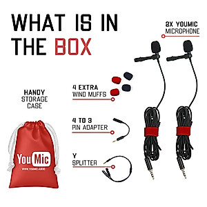 YouMic - 2 Dual Mini Lavalier Lapel Mics with Clip for Phone, iPhone Microphone for iOS, Android, PC, Laptop, Video, Vlogging