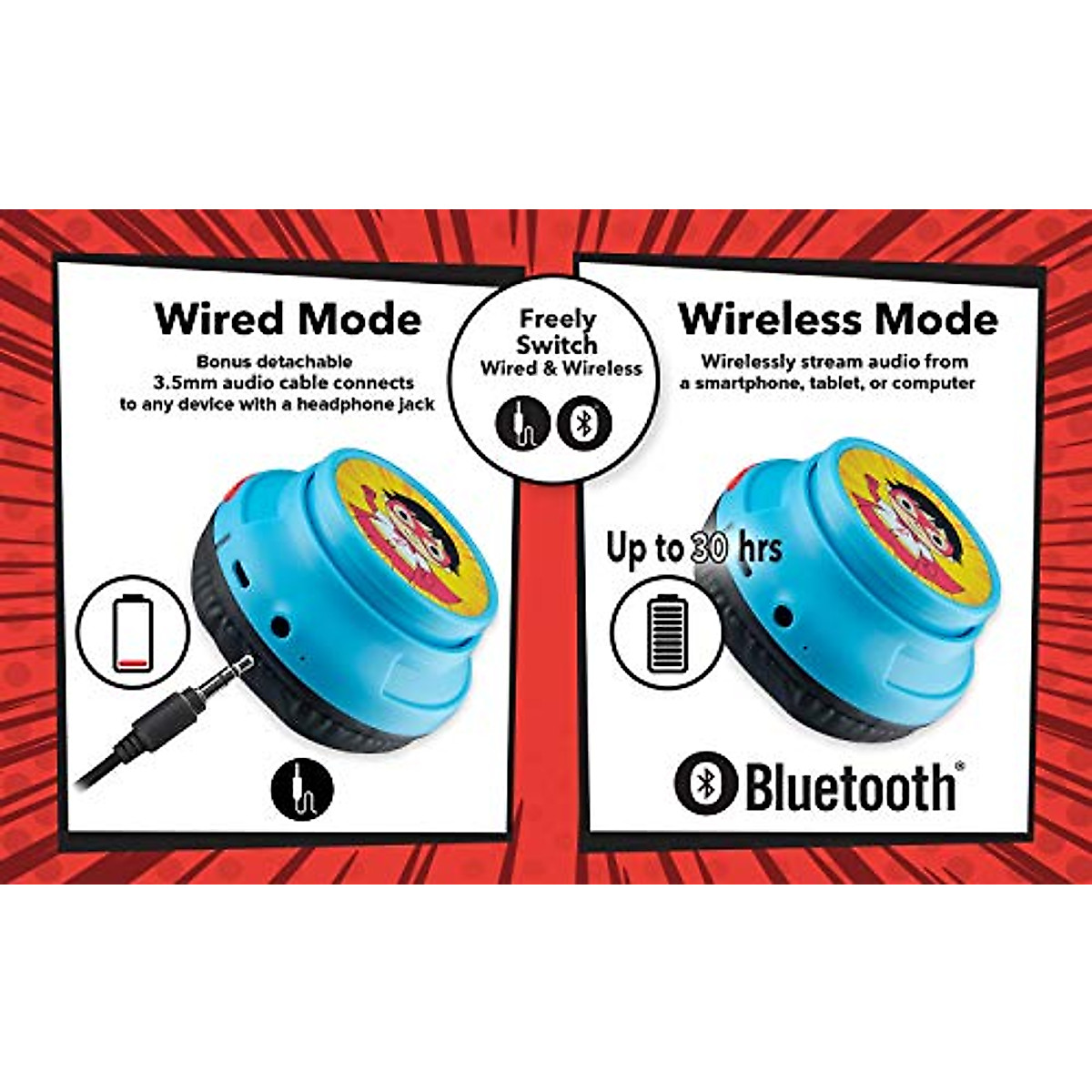 eKids Ryans World Kids Bluetooth Headphones, Wireless Headphones with Microphone Includes Aux Cord, Volume Reduced Kids Foldable Headphones for School, Home, or Travel