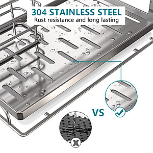 FavoThings Kitchen Sink Caddy Sponge Holder Dish Brush Storage with Drain Tray, SUS304 Stainless Steel, Countertop Sponge Brush Rags Soap Holder, Silver